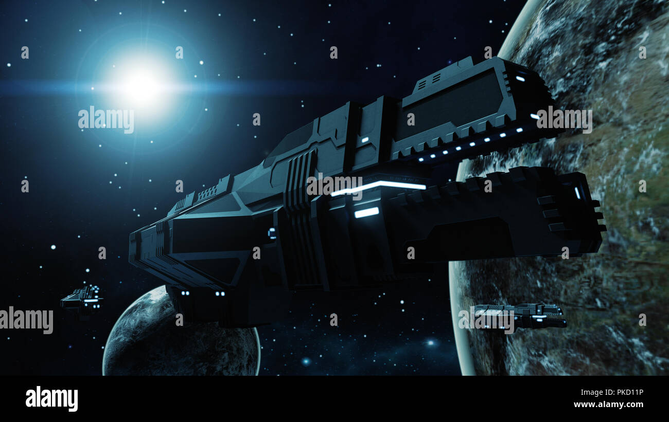 Futuristic cargo spaceship in cosmic scene 3D rendering Stock Photo - Alamy