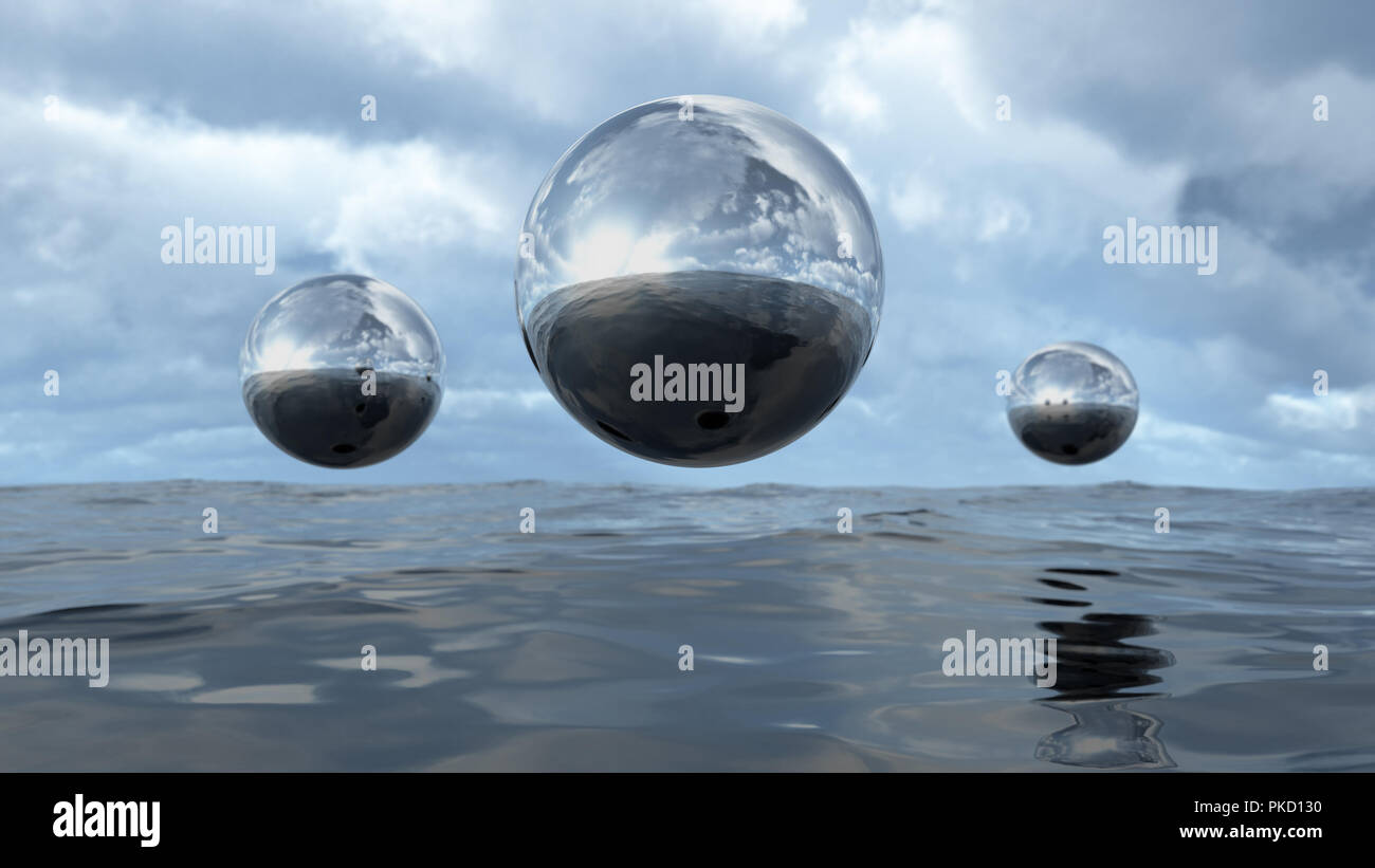3D rendering abstract liquid transparent sphere above water Stock Photo ...