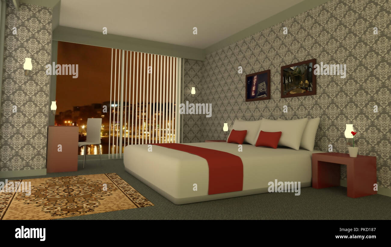 Classic hotel room with skyline by night 3D rendering Stock Photo - Alamy