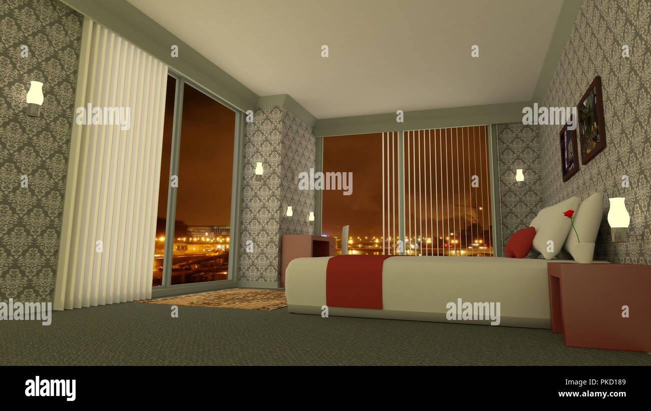 Classic hotel room by night 3D rendering Stock Photo - Alamy