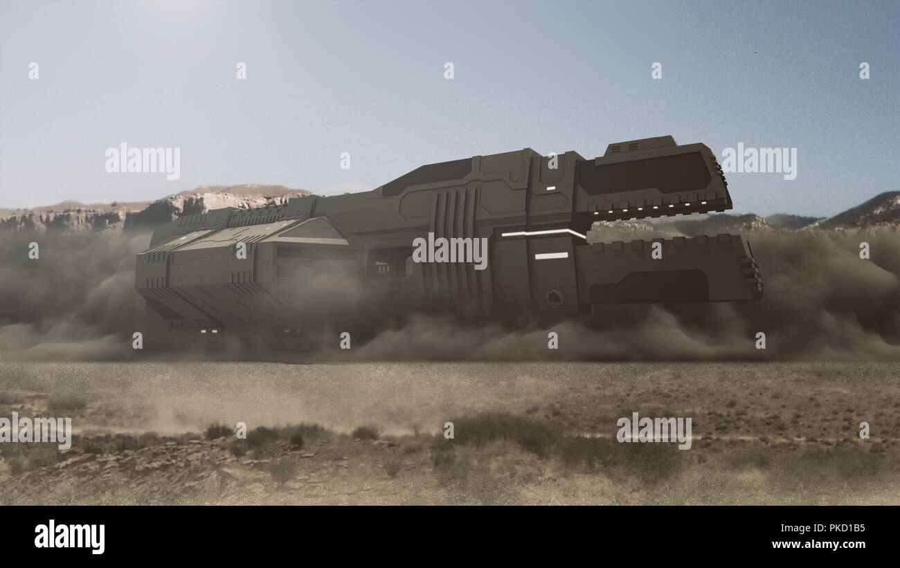 Futuristic cargo spaceship landing on the surface 3D rendering Stock ...