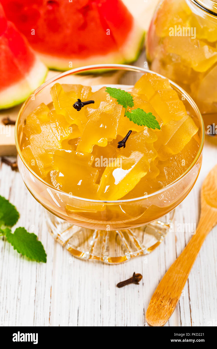 Watermelon Rind Jam Or Candied Watermelon Crusts In Syrup Stock Photo ...
