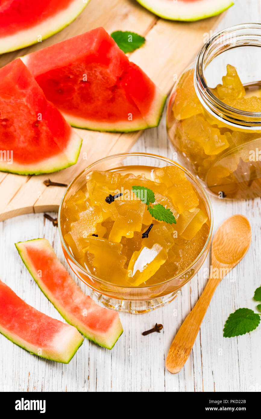 Watermelon Rind Jam Or Candied Watermelon Crusts In Syrup Stock Photo ...