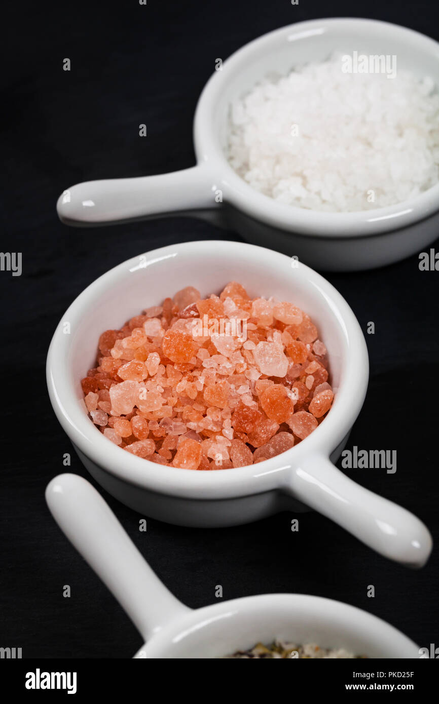 Types of Salt Himalayan, Kosher and Sea Salt Herb Seasoning Stock Photo ...