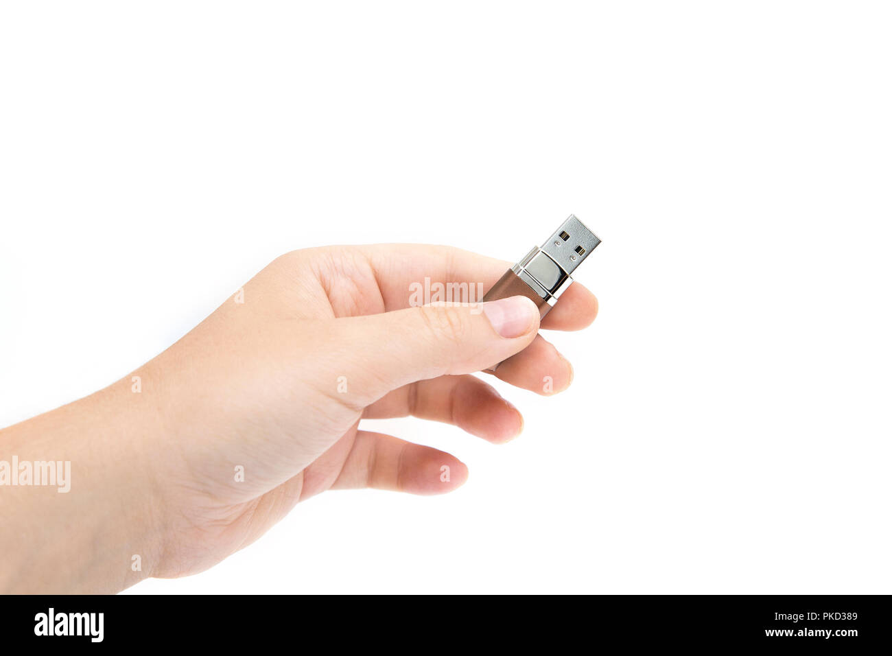 flash drive in woman's hand on white background. Female's hand holding ...