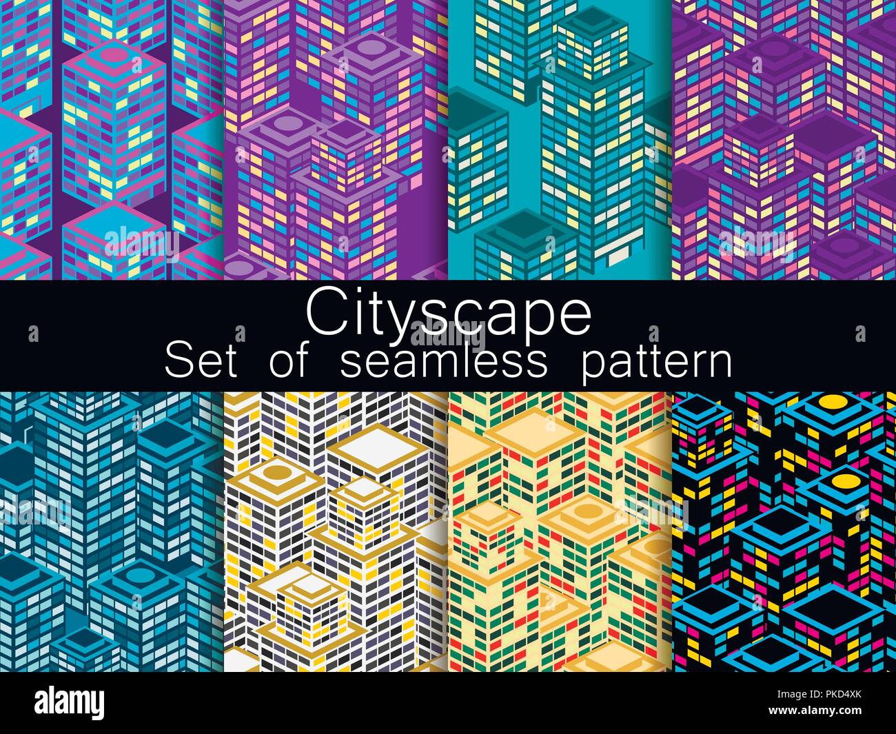 Cityscape seamless pattern set. Isometric city buildings, metropolis ...