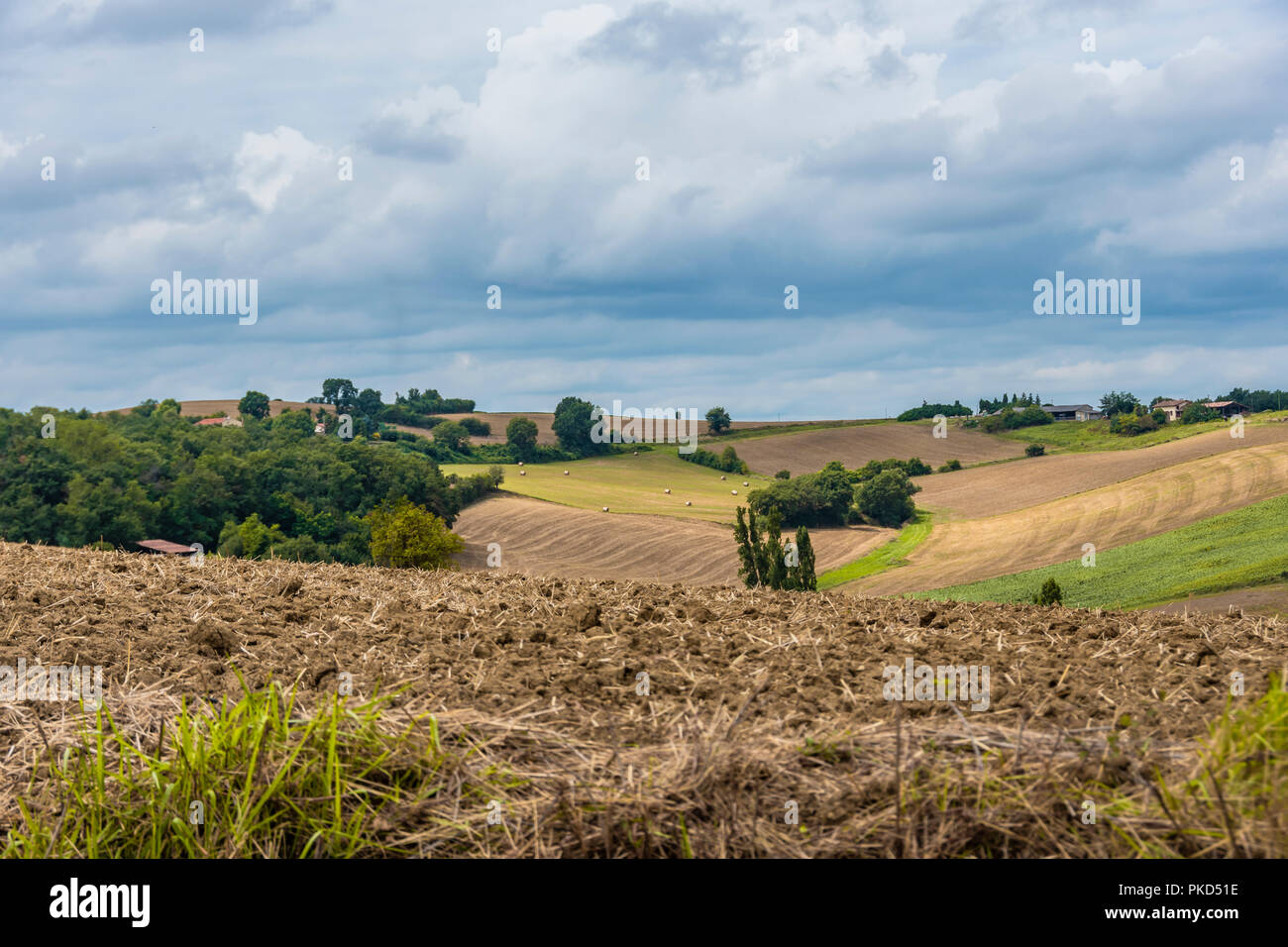 Farms with their newly plowed fields. Atlantic Pyrenees France Stock ...