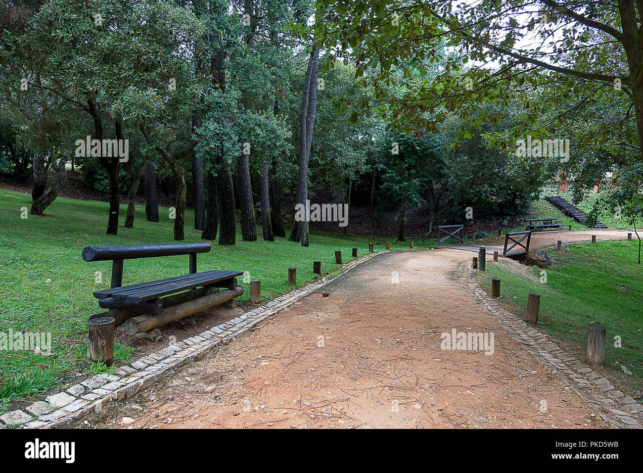 Public park with a bench and path Stock Photo - Alamy