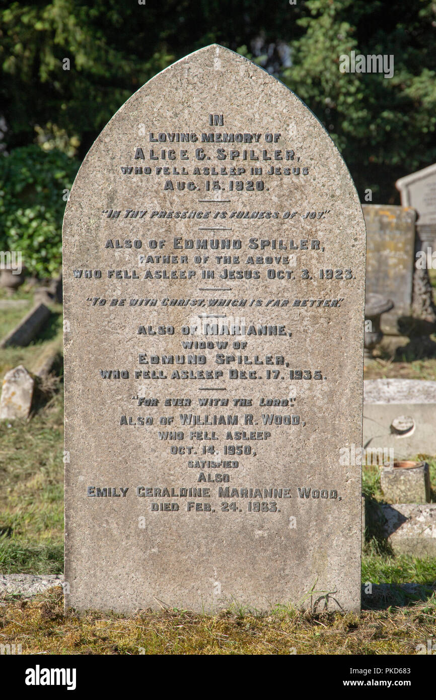 The Grave of Alice C Spiller 1920 at Locksbrook Cemetery, Bath Stock ...