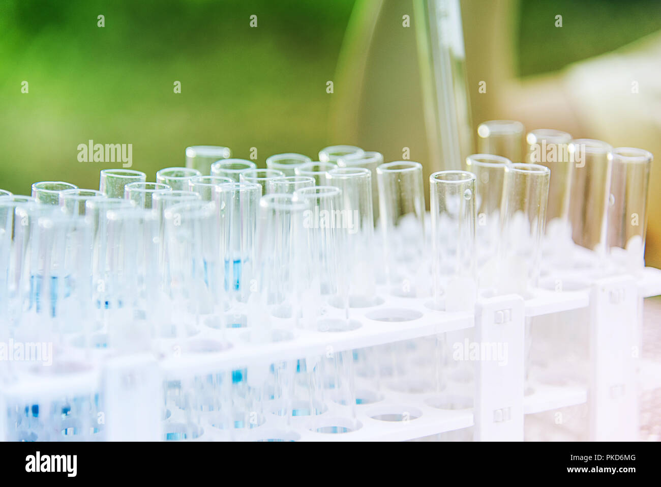 Lab science research glass items adding drop to one of several test ...