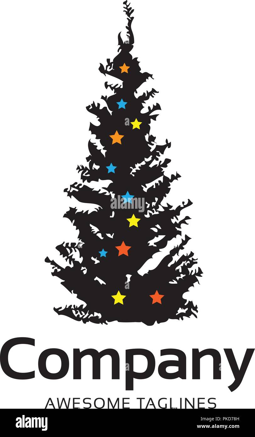 pine tree with stars color decorations,Black pines tree silhouette with ...