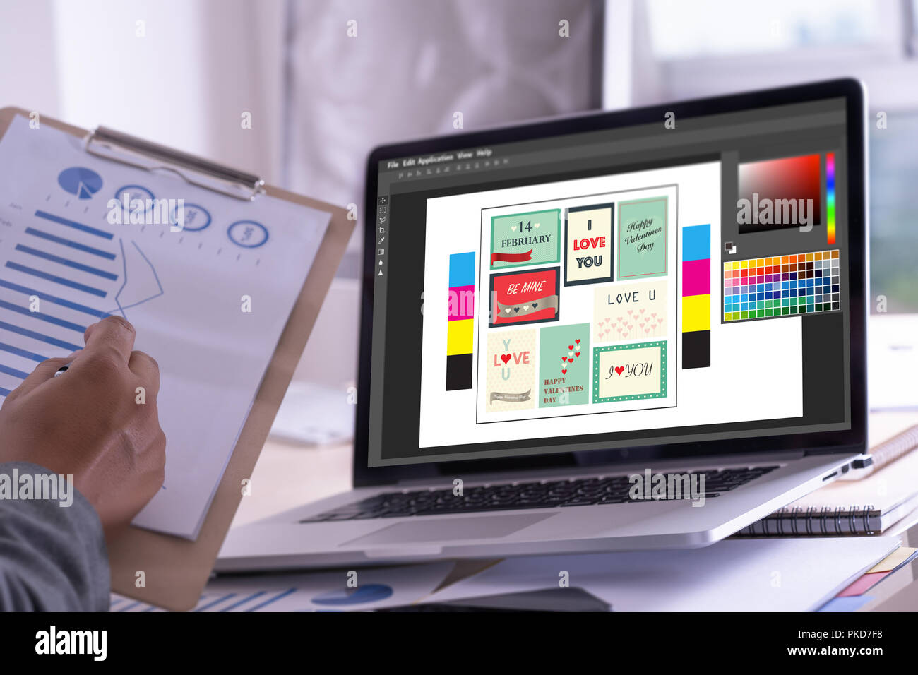 Creative Designer Graphic at work. Color swatch samples, Illustrator ...