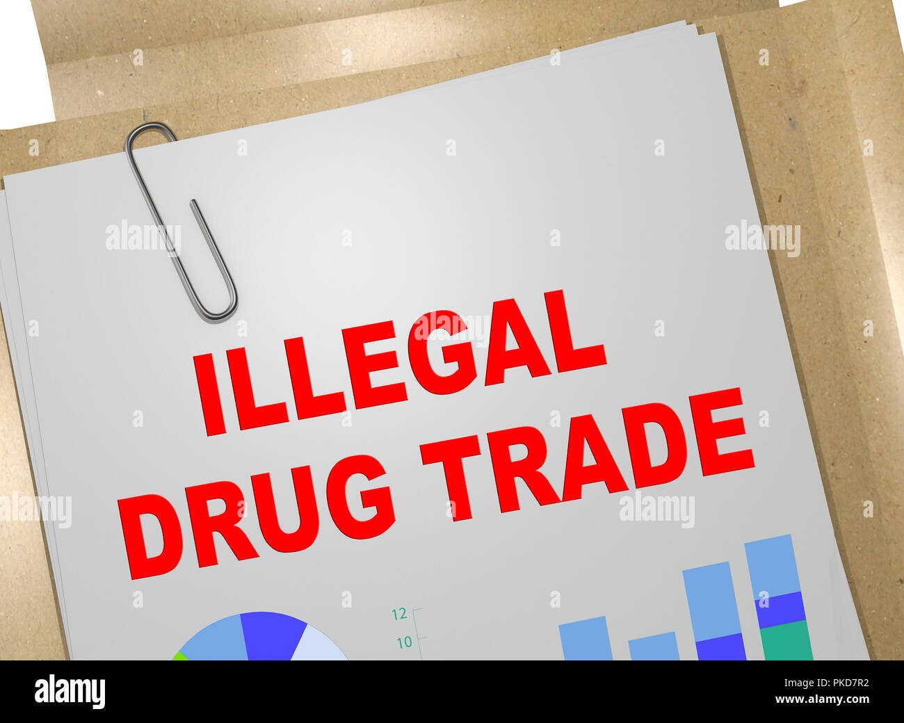 3D illustration of ILLEGAL DRUG TRADE title on business document Stock ...
