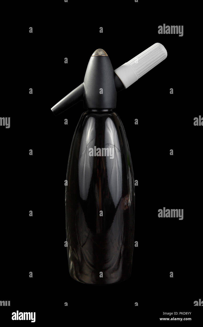 Black shiny metal table siphon for soda isolated black background, side ...