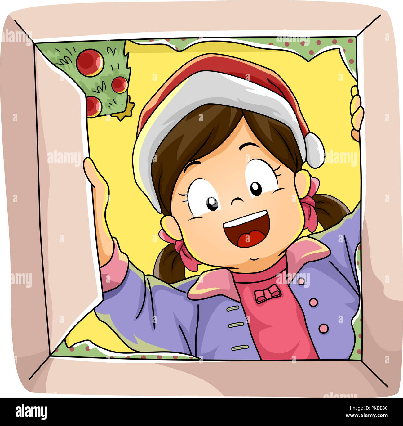 Illustration of a Kid Girl Opening a Christmas Gift and Smiling Happily ...