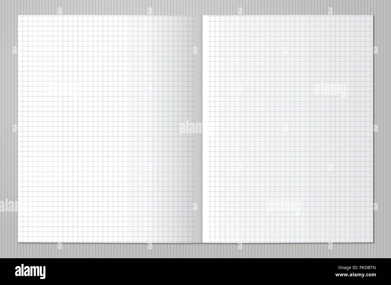 White squared note, notebook paper with opened page stuck on gray lined ...