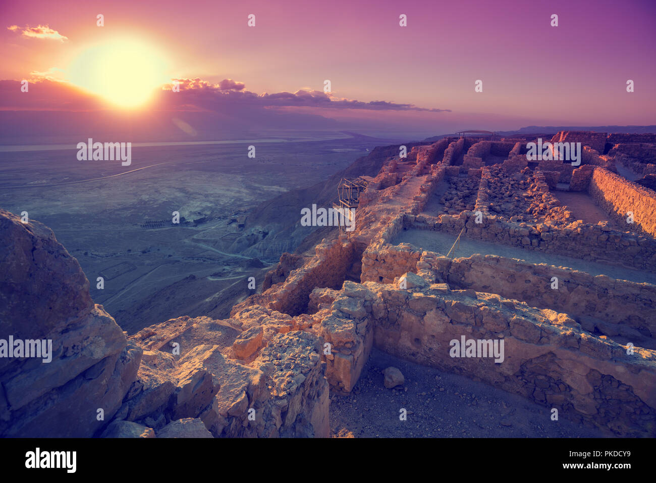 Beautiful sunrise over Masada fortress and the Judaean Desert. Ruins of ...