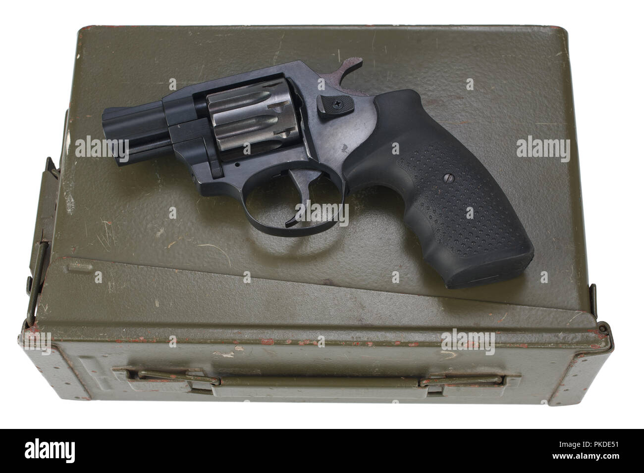 Revolver on the ammunition box isolated on white Stock Photo - Alamy