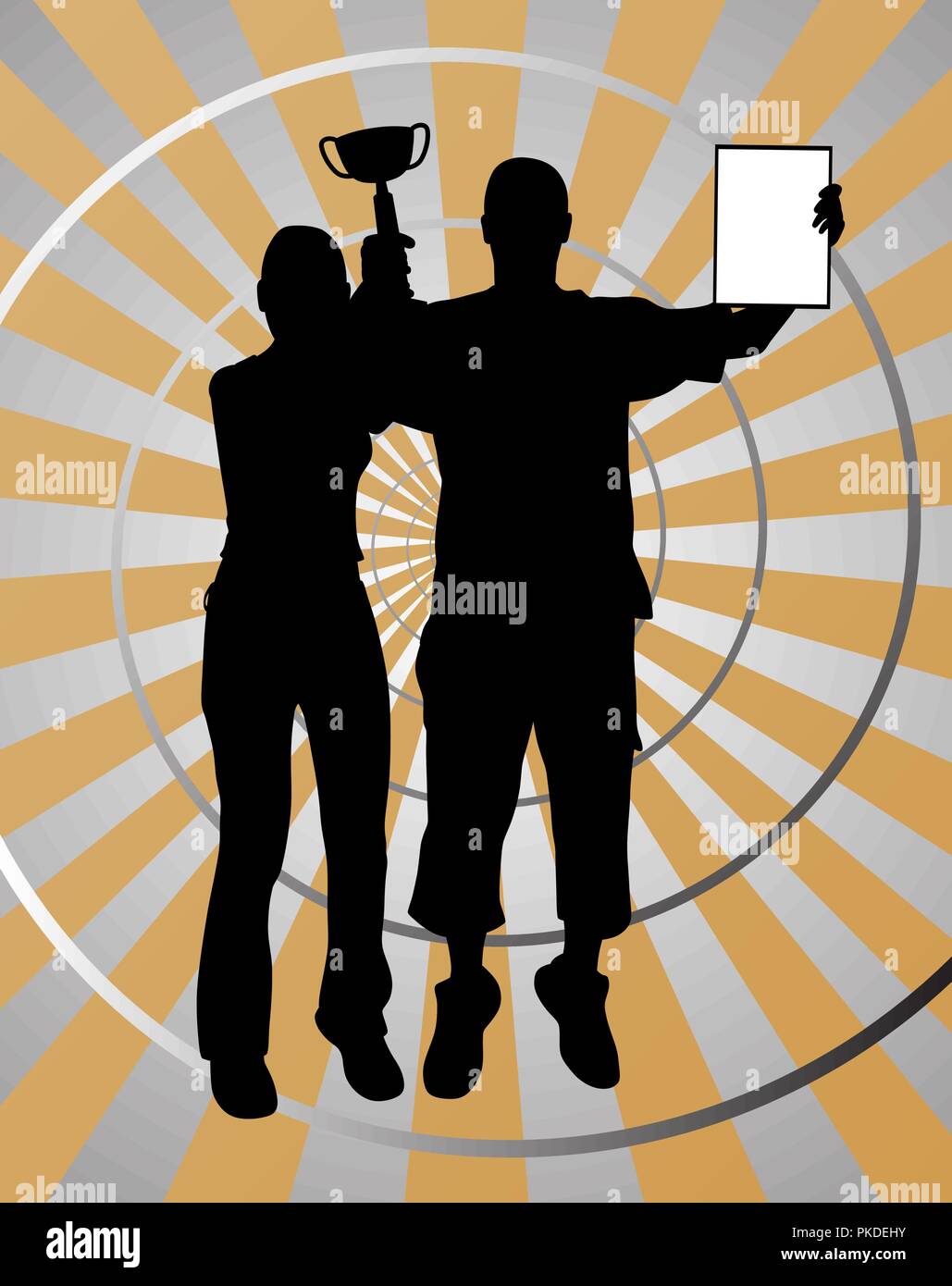 Two young winners with trophy and certificate on gold silver background ...