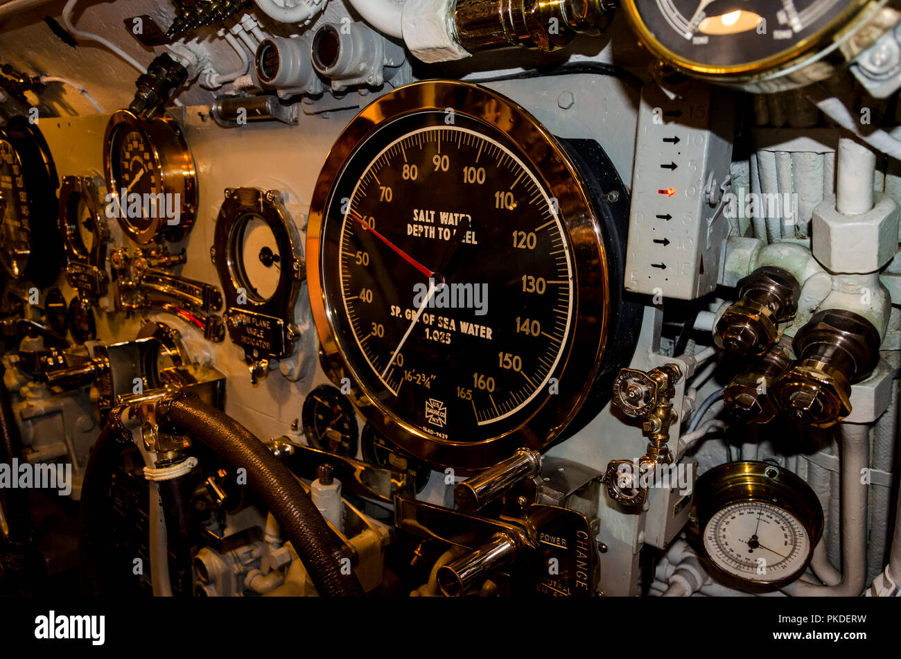 Depth gauge and other gauges on the USS Bowfin a WWII submarine on ...