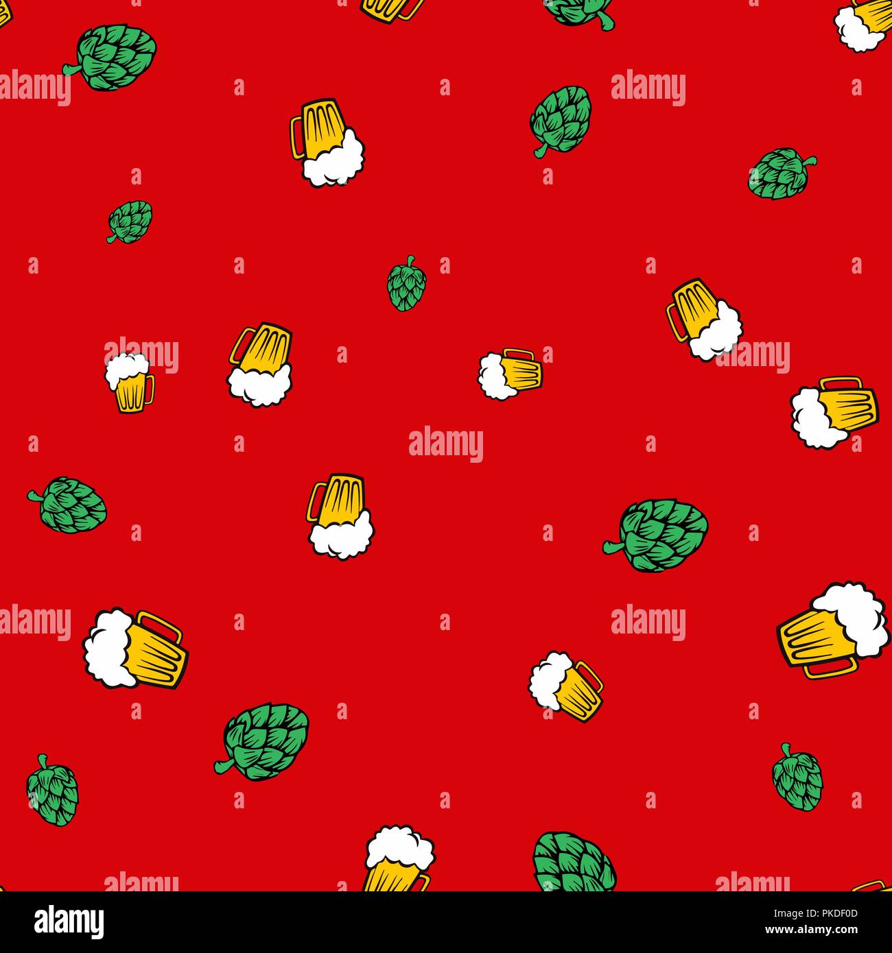 Beer and hop pattern seamless. Vector illustration. Red background ...