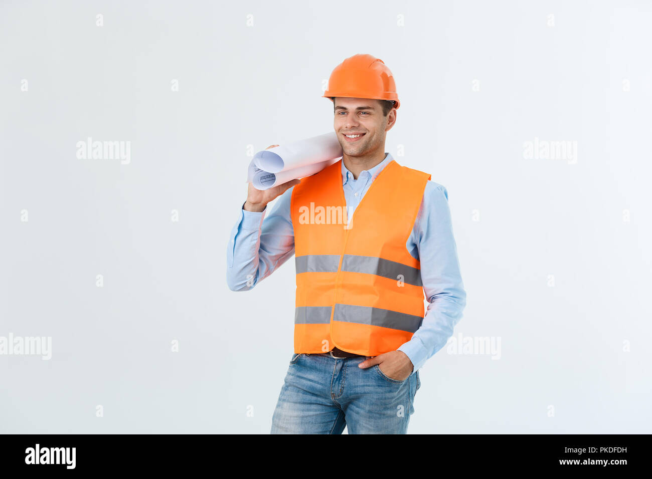 Professional young engineer with blueprint, isolated on white Stock ...