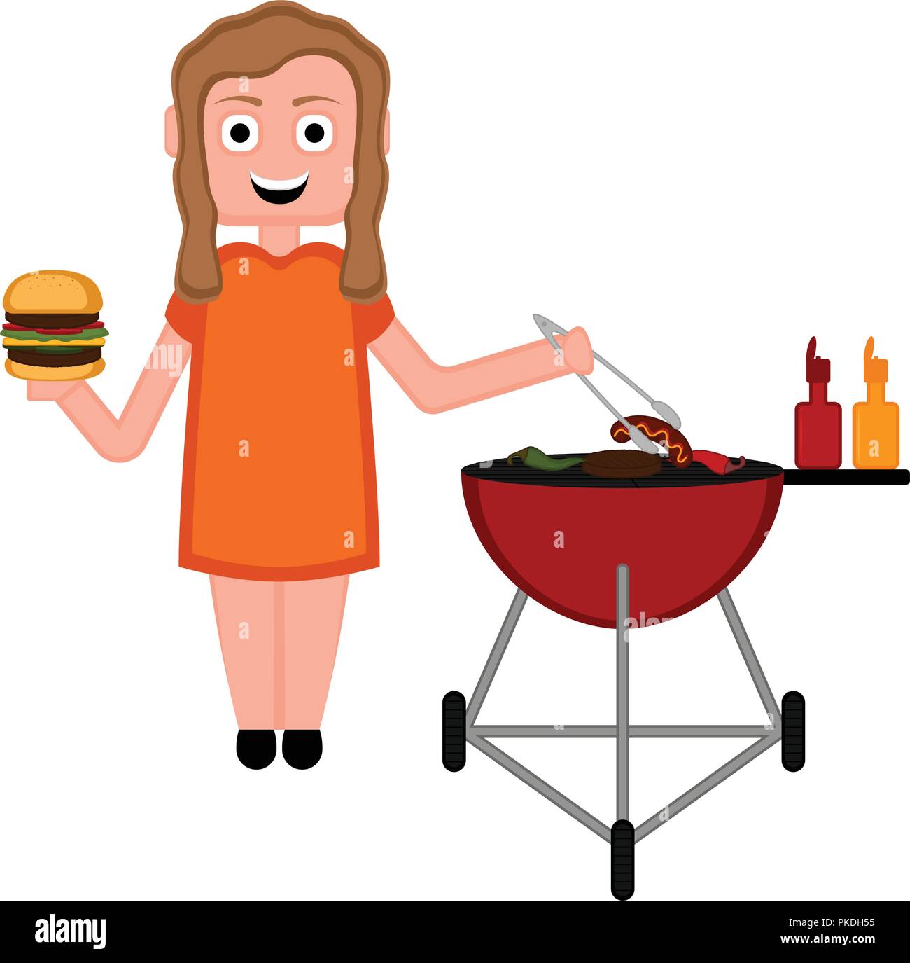 Girl preparing a sausage on a barbecue grill. Vector illustration ...