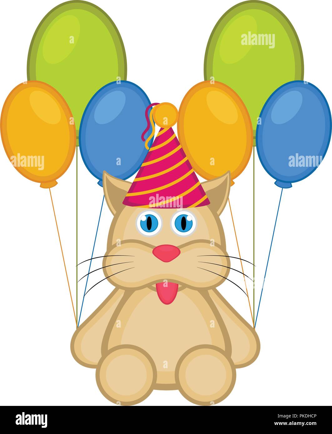 Cute cat with a party hat and balloons. Happy birthday. Vector ...