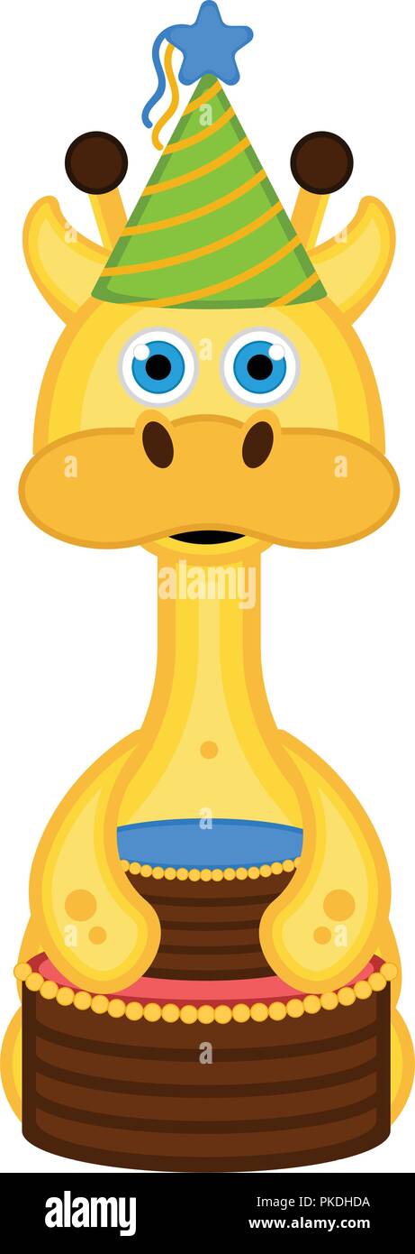 Cute giraffe with a party hat and a cake. Happy birthday. Vector ...