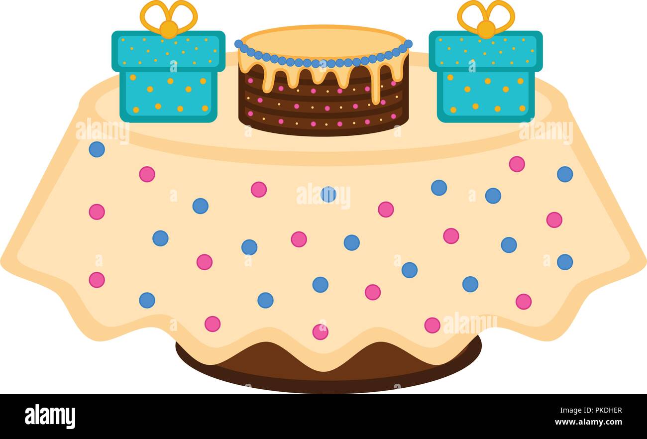 Birthday cake on a table with presents. Vector illustration design ...