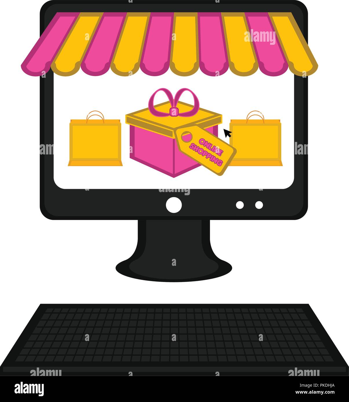 Computer with a store front. Online shopping. Vector illustration ...