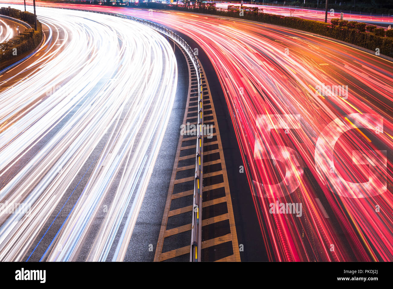 5G new wireless internet wifi connection on cars light trails at night ...