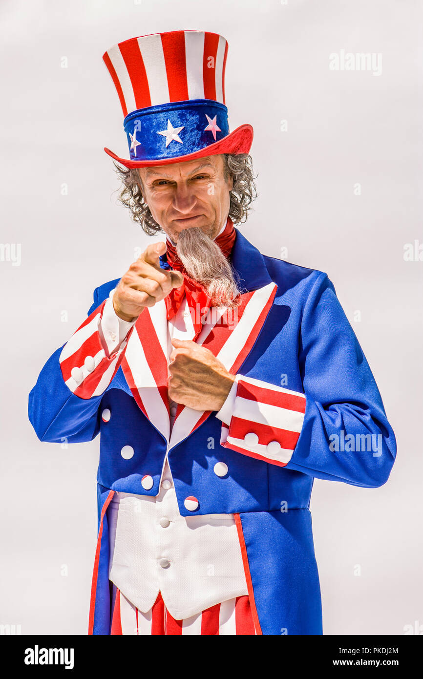 A portrait of an Uncle Sam character holding his lapel and pointing at ...