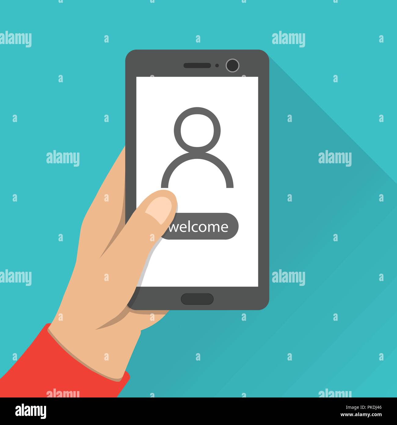Welcome Notification page on screen. Hand hold smartphone. Flat Style ...