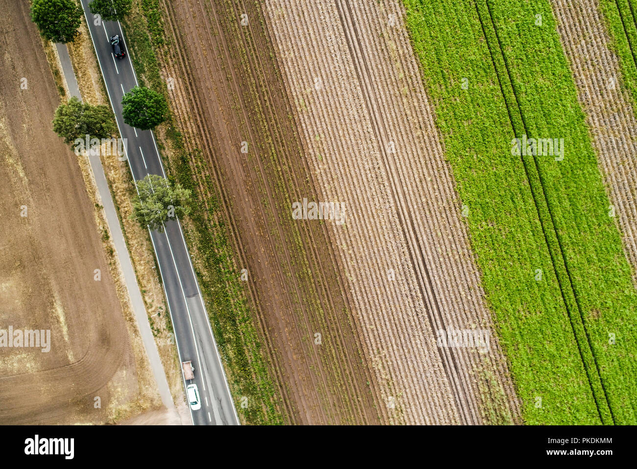 Abstract vertical aerial view of a narrow country road at the edge of ...