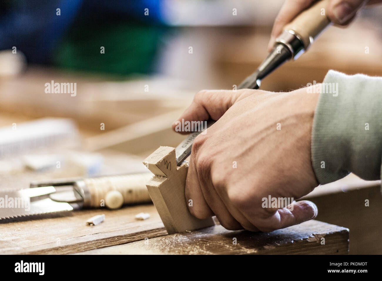 Professional woodshop store in Italy, focus on hands and working tools ...