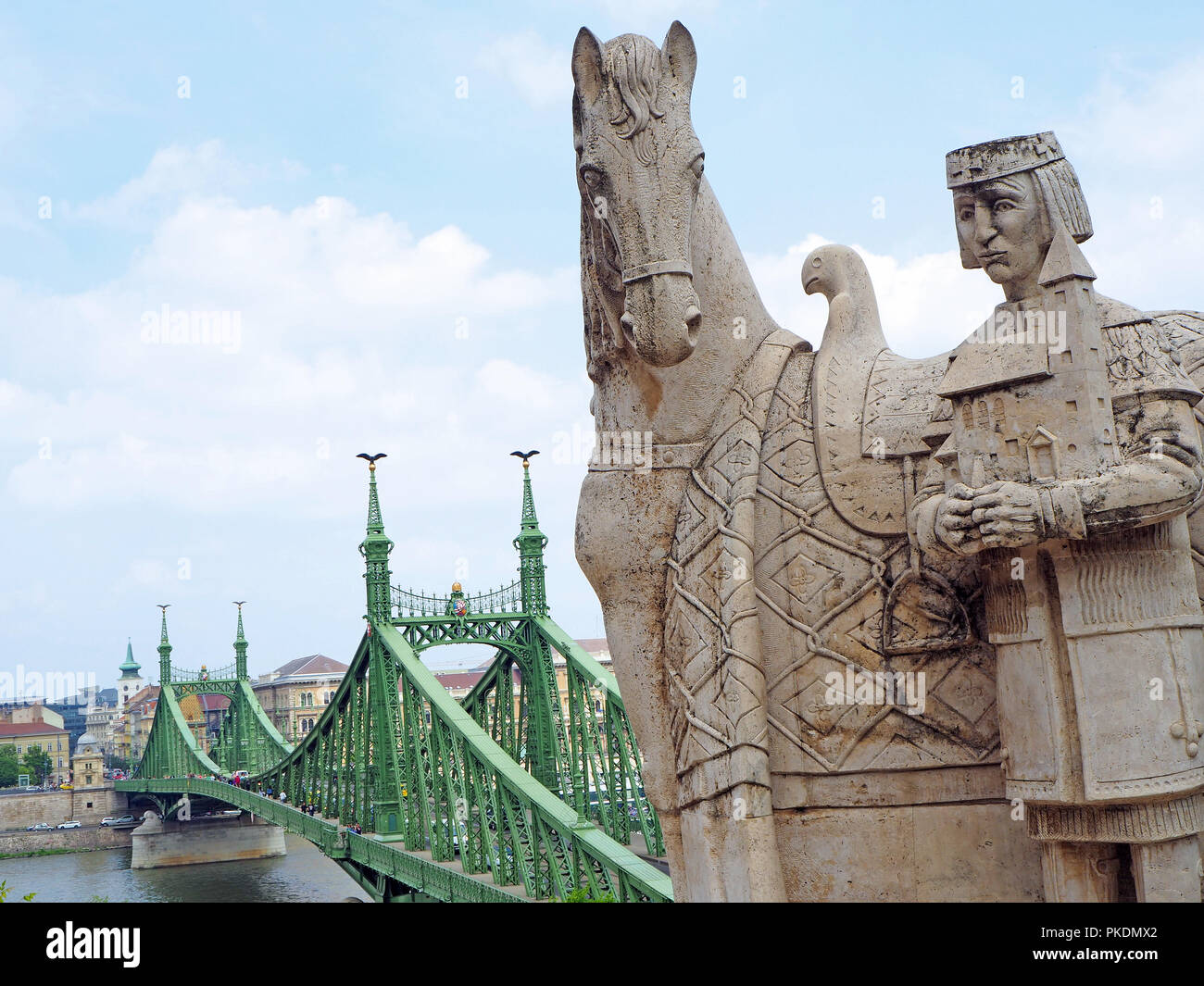the statue of st stephen with the liberty bridge in budapest Stock ...