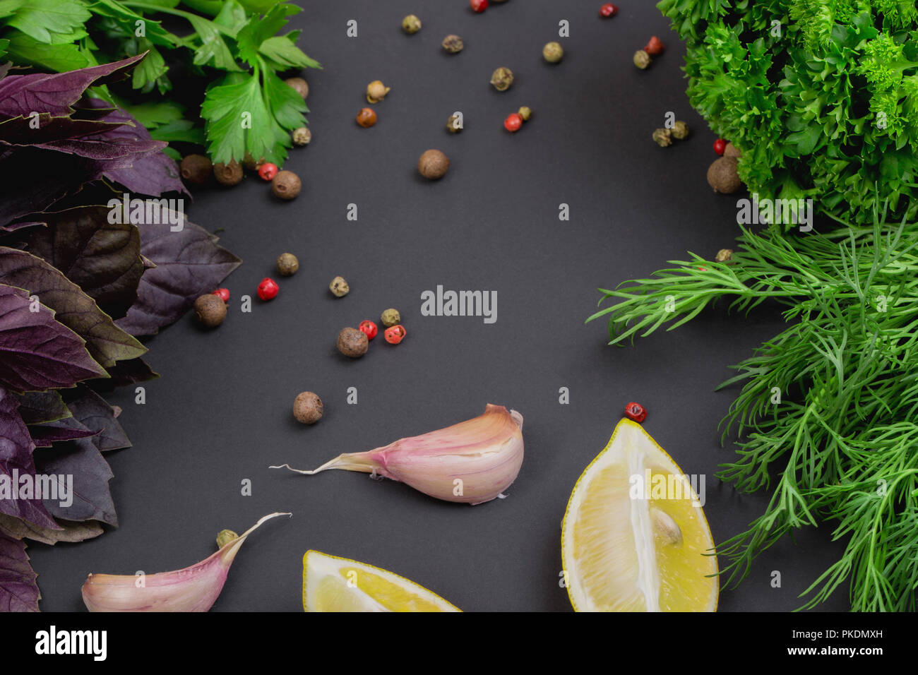 Mix of spices: Four bunches of red basil, parsley, curly parsley and ...