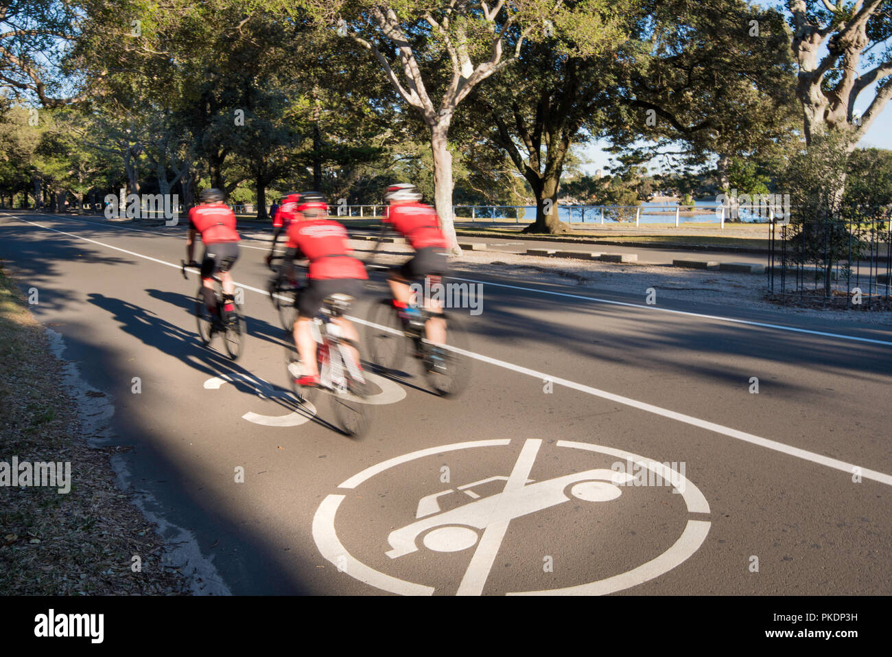 Partly blurred cyclists wearing red tops, shirts riding together in a ...