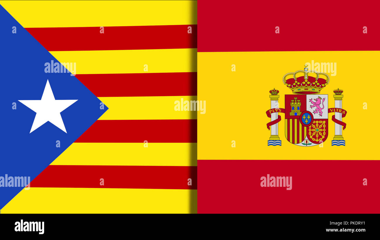 Mix of Two Realistic Waving Flags of The Catalonia And The Spain. The ...
