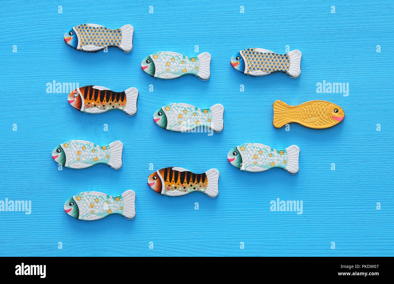 different fish swimming opposite way of identical ones. Courage and ...