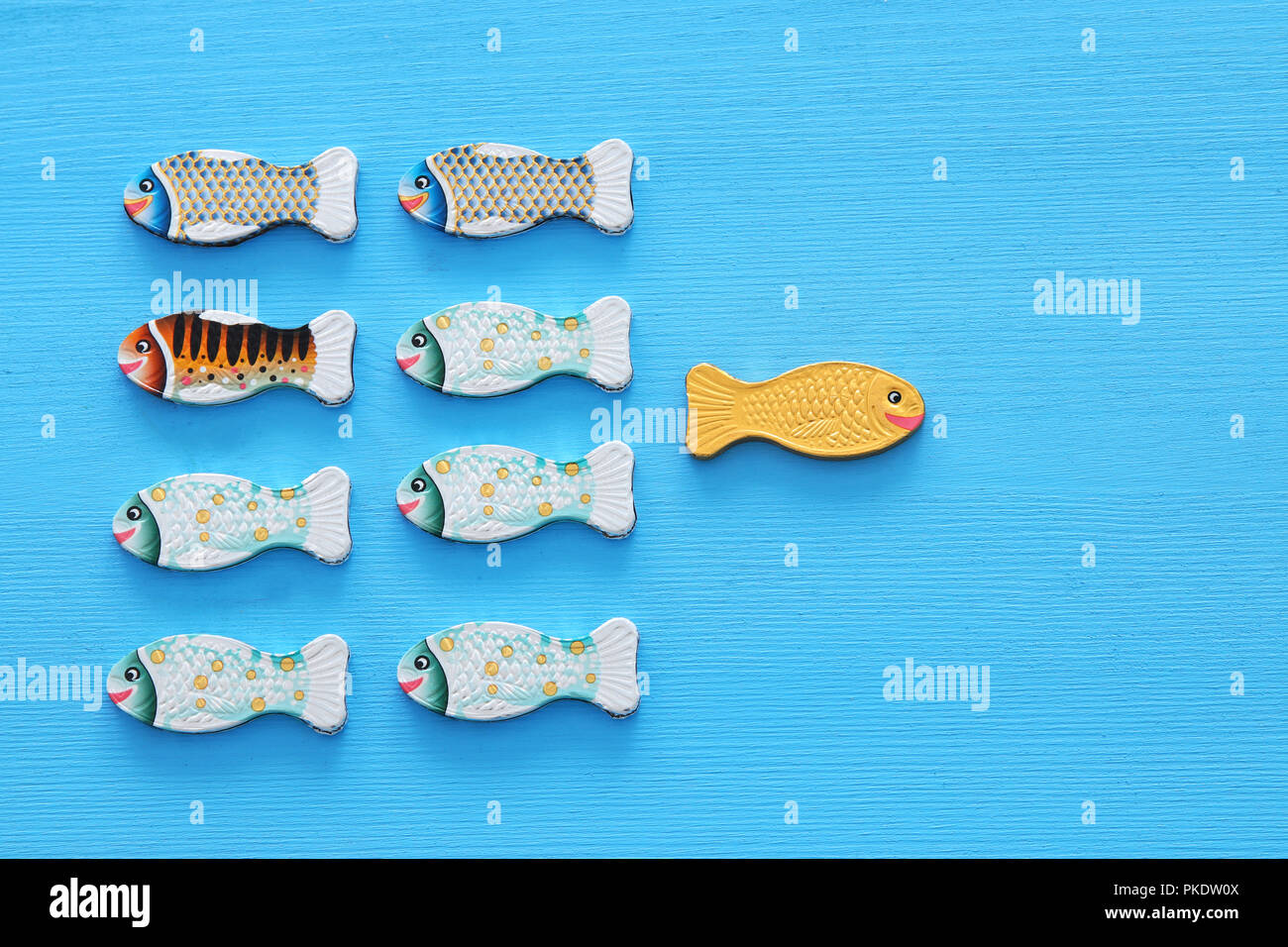 different fish swimming opposite way of identical ones. Courage and ...