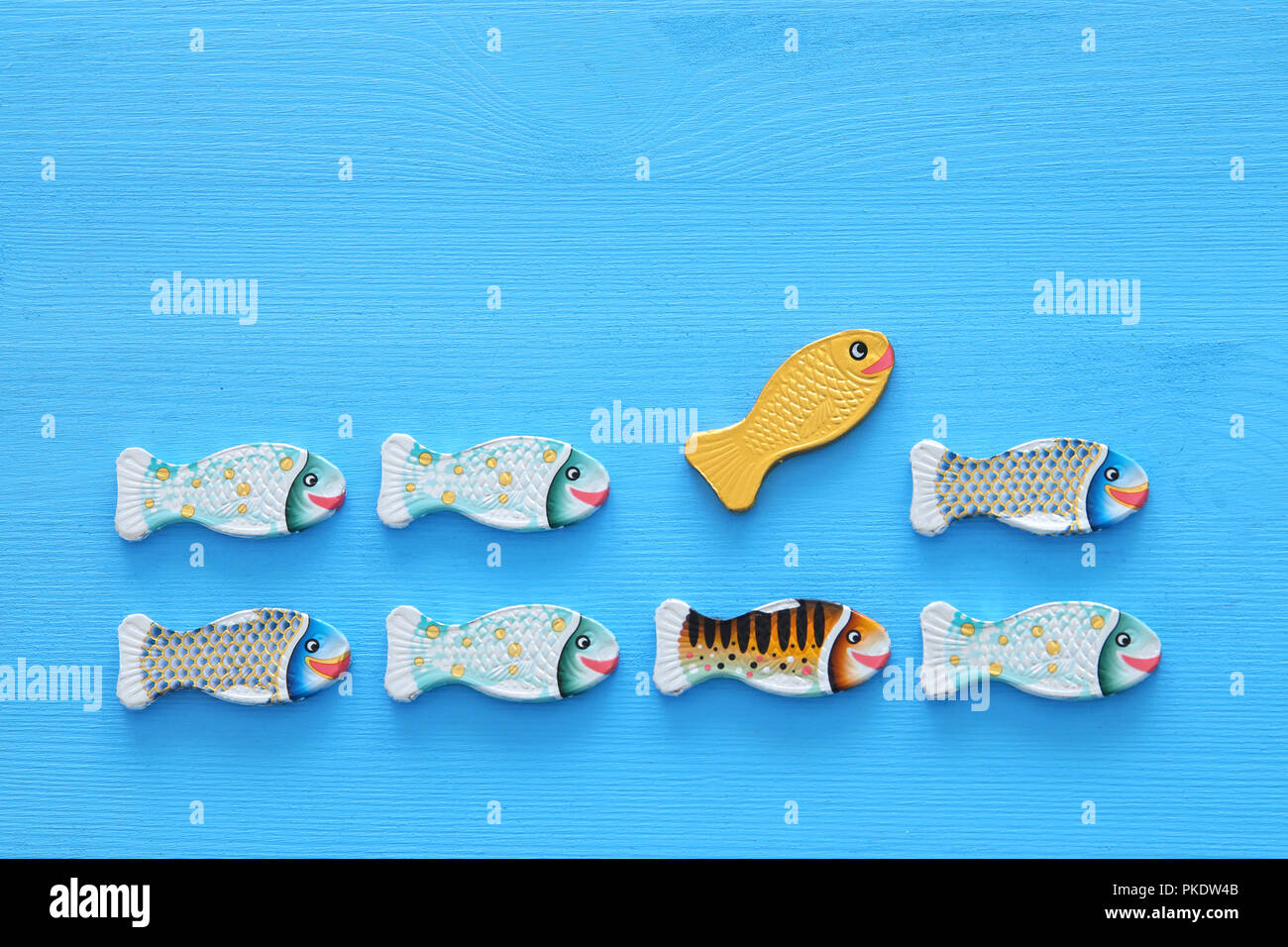 different fish swimming opposite way of identical ones. Courage and ...