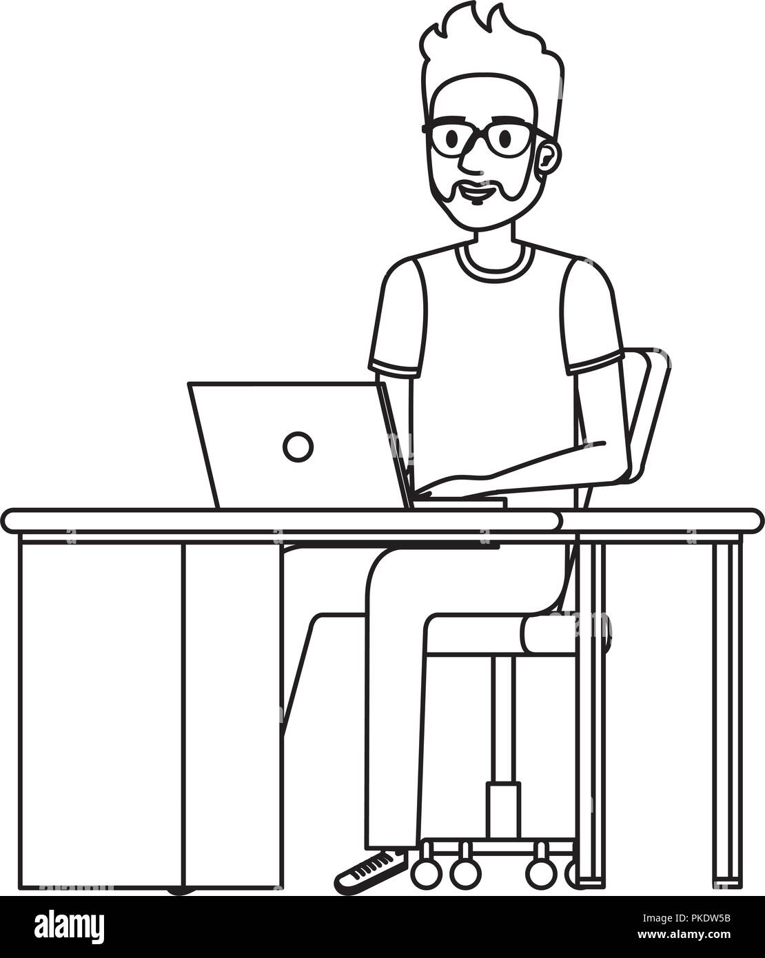 Modern businessman using laptop sitting Black and White Stock Photos ...