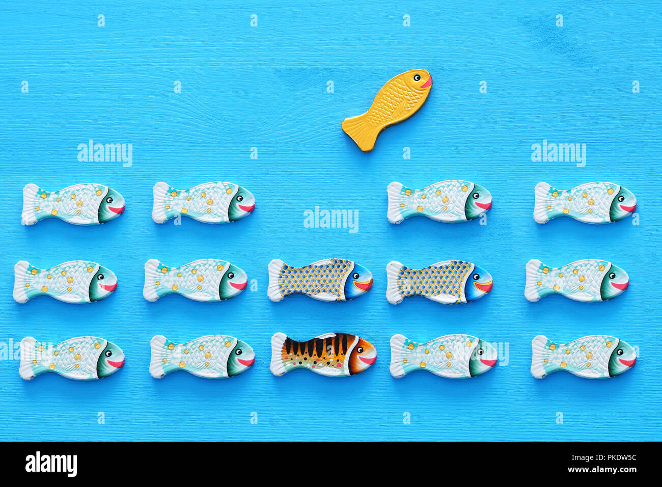 different fish swimming opposite way of identical ones. Courage and ...