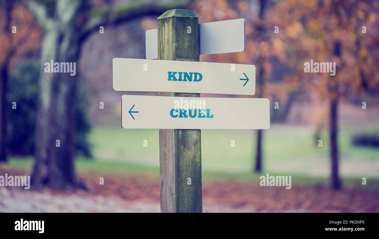 Signpost in a park or forested area with arrows pointing two opposite ...