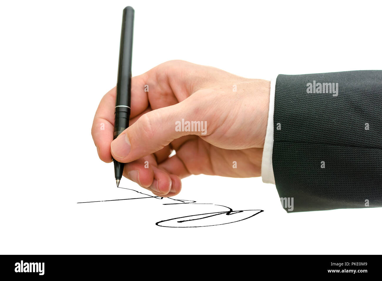 Business man hand signing on a virtual whiteboard. Isolated over white ...