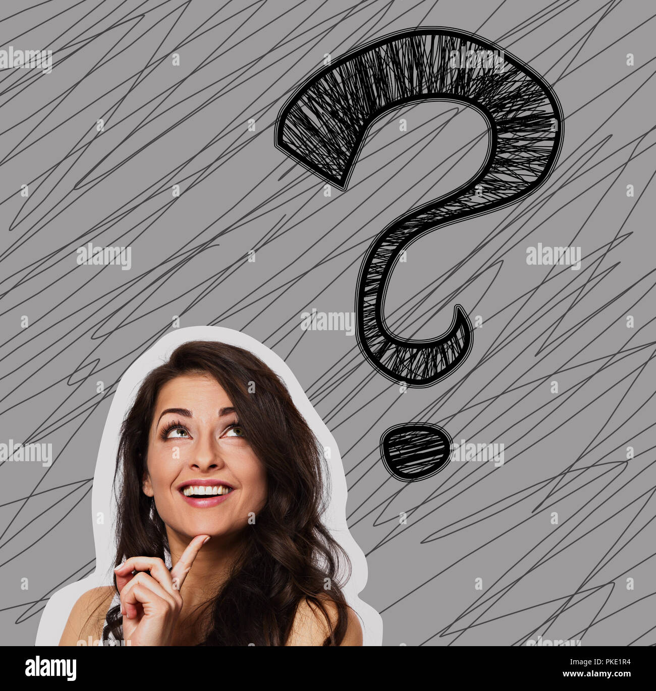 Thinking smiling positive woman looking up on one big creative question ...