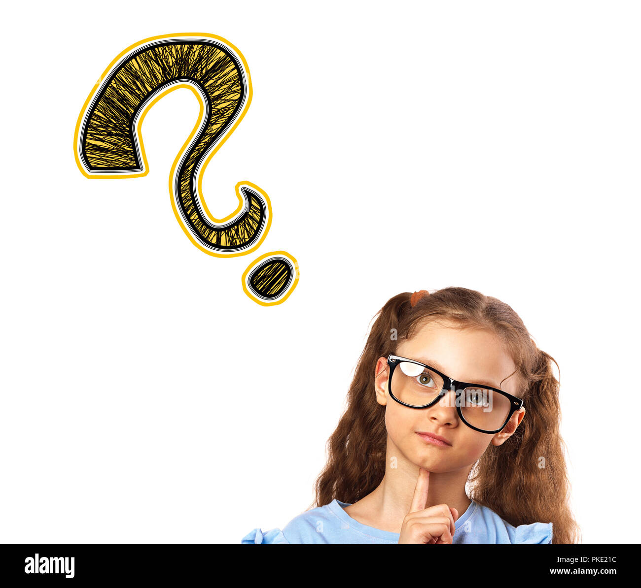 Fun happy girl in eyeglasses looking up on one big question sign ...