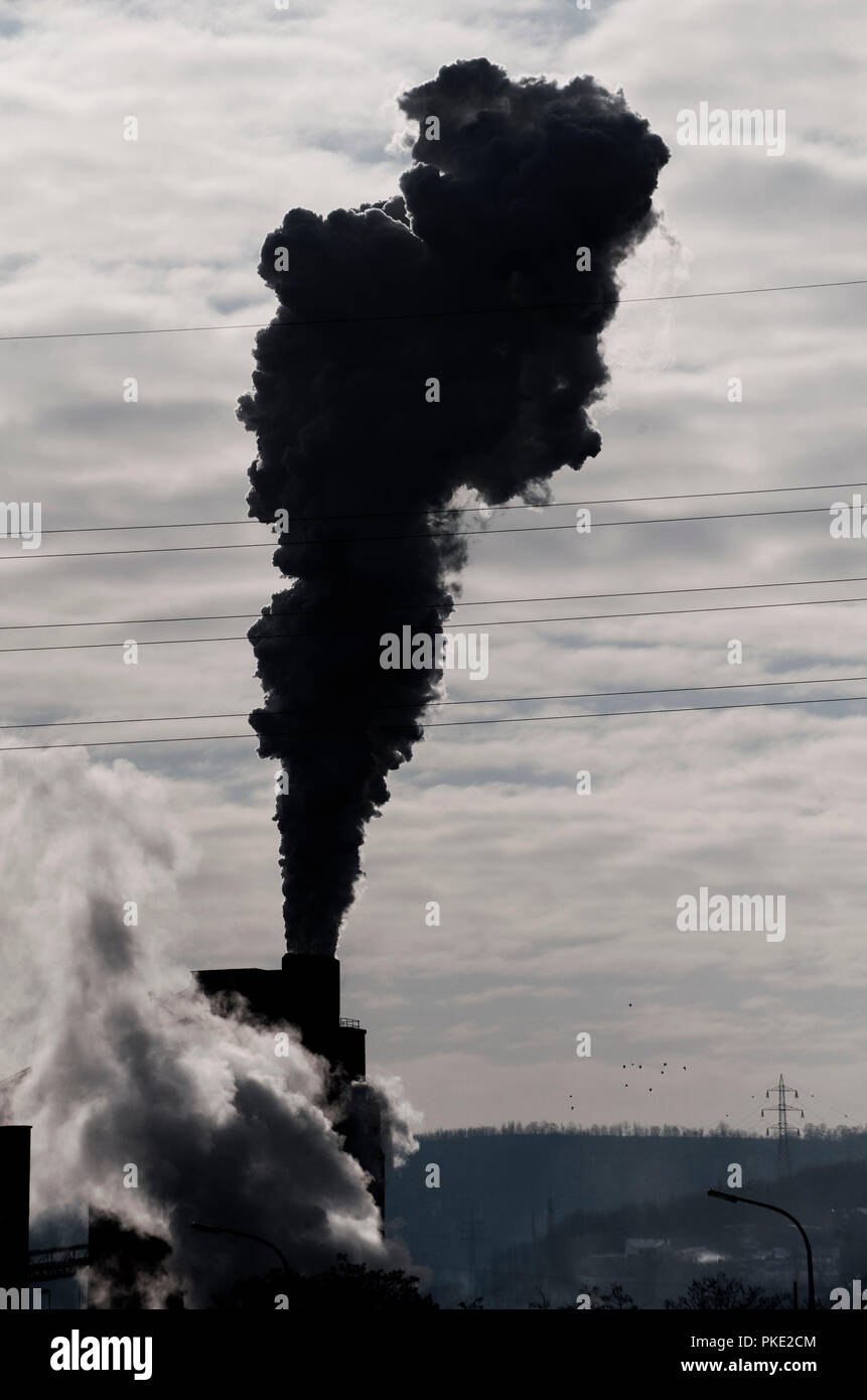 The industrial chimneys of the steel industry factories in Sclessin ...